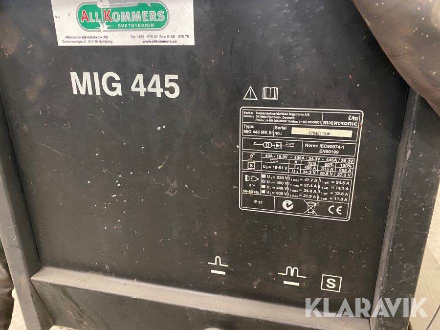 Migsvets vattenkyld Migatronic Mig 445, Tranås, Klaravik au