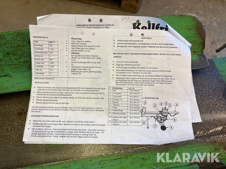 Vedklyv Kellfri HK777, Tranås, Klaravik auktioner