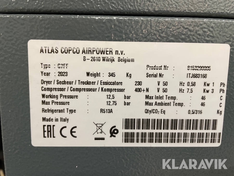 Skruvkompressor Atlas Copco G7FF, Örnsköldsvik, Klaravik auk