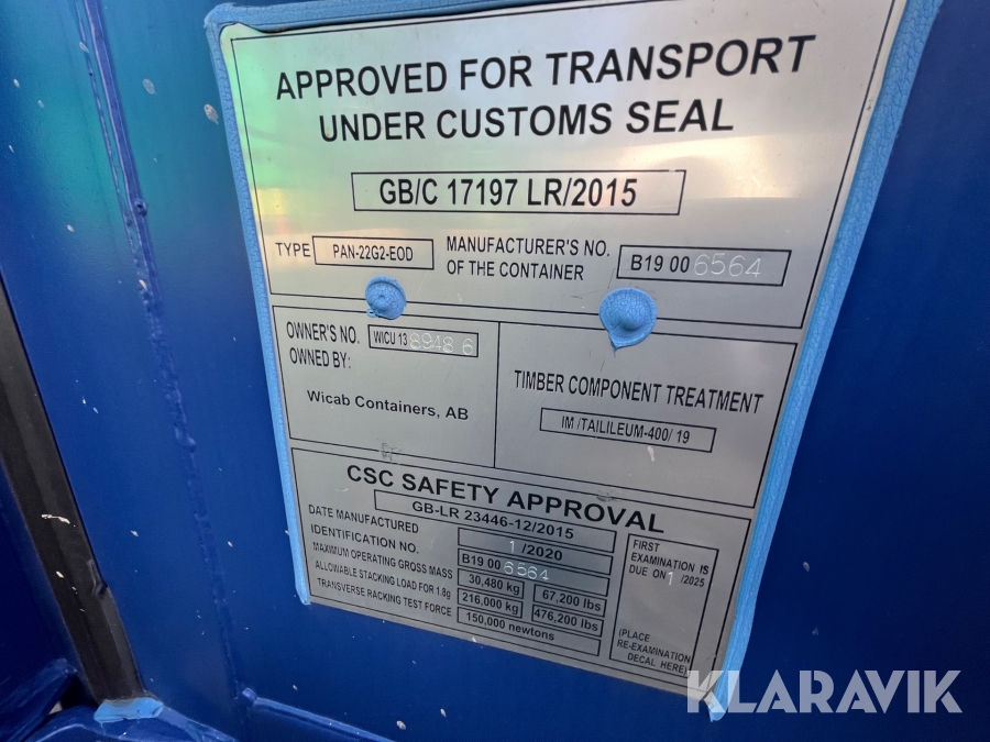 Container 20fot Wicab Pan-22G2-EOD, Upplands-Bro, Klaravik a