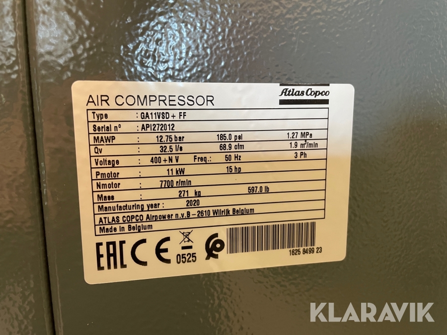 Skruvkompressor Atlas Copco GA11VSD+FF med tork