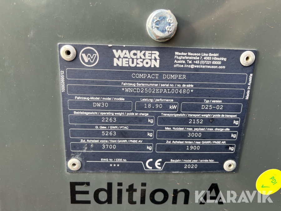 Dumper Wacker Neuson DW30, Haninge, Klaravik auktioner