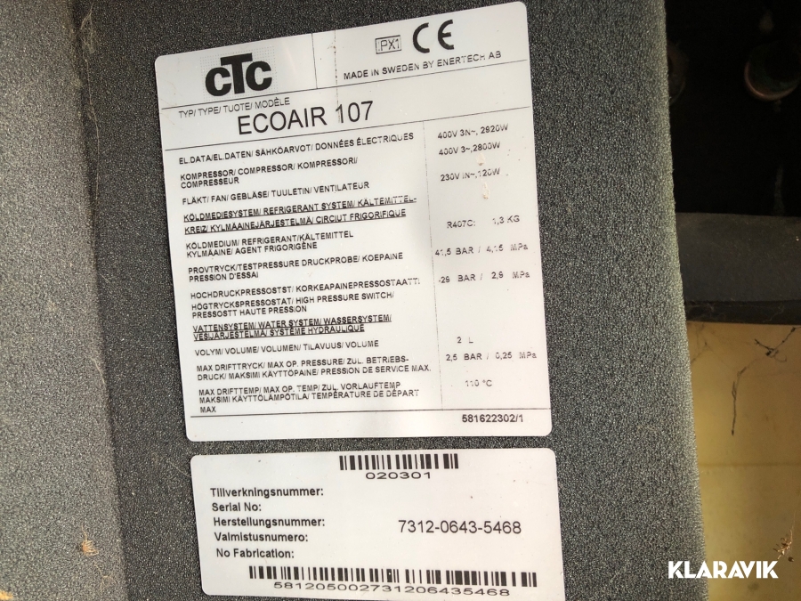 Klaravik Auktioner | Värmepump utedel inklusive styrning CTC Ecoair 107
