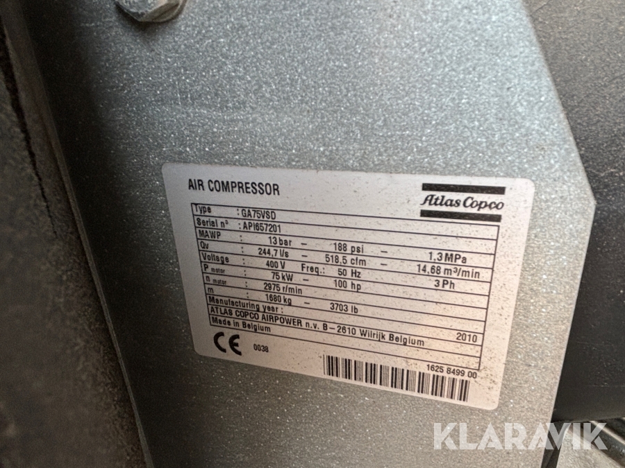 Kompressor Atlas Copco GA75VSD, Örebro, Klaravik auktioner