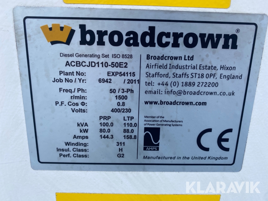 Elverk Broadcrown 110 kVA, Fagersta, Klaravik auktioner