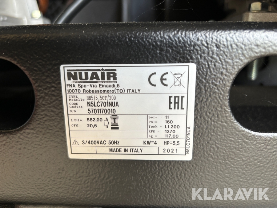 Kompressor Nuair NB5/5,5CT/200, Eksjö, Klaravik auktioner