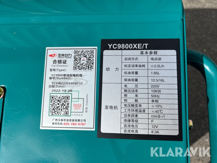 Generator Yuchai Power YC9800T, Jönköping, Klaravik auktione