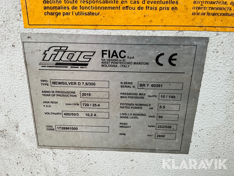 Tryckluftkompressor Fiac Newsilver D 7,5/300, Ängelholm, Kla