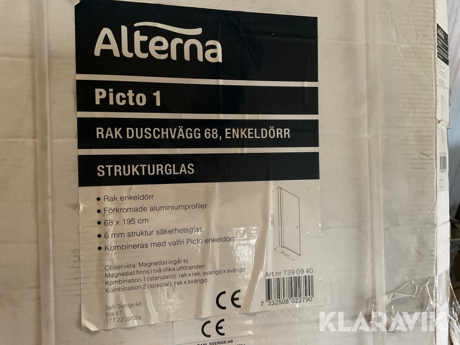 Duschväggar Alterna Picto 1 68x95 cm, Malmö, Klaravik auktio