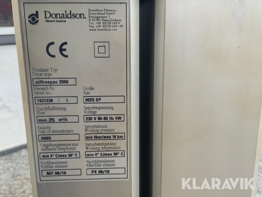 Oljeavskilare för tryckluft Donaldson Oilfreepac 2000, Ystad