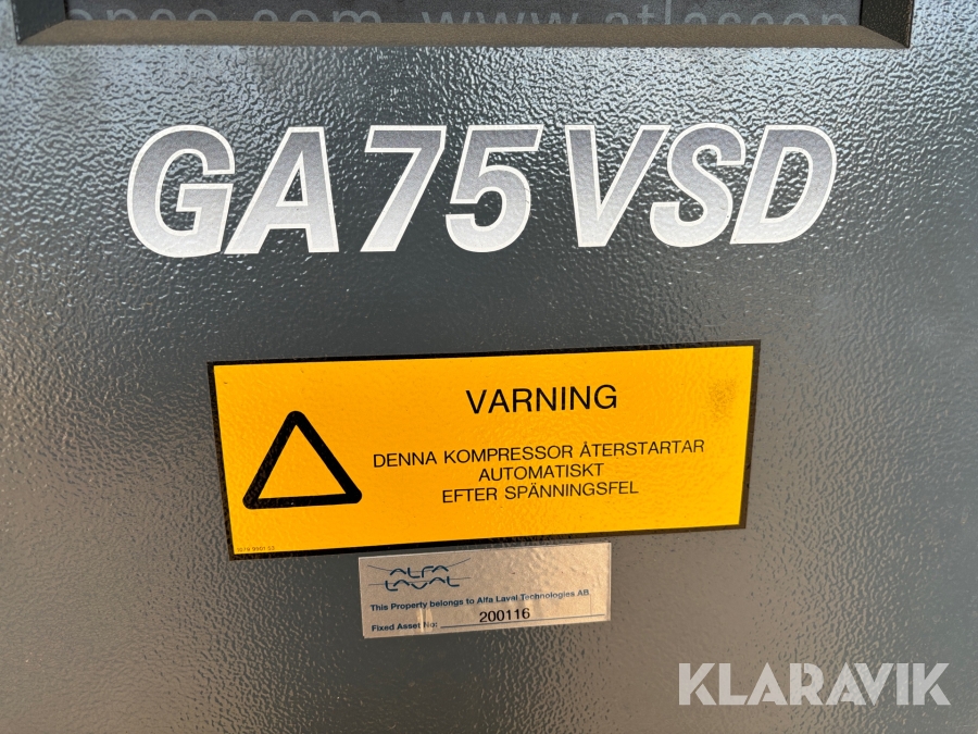 Kompressor Atlas Copco GA75VSD, Örebro, Klaravik auktioner
