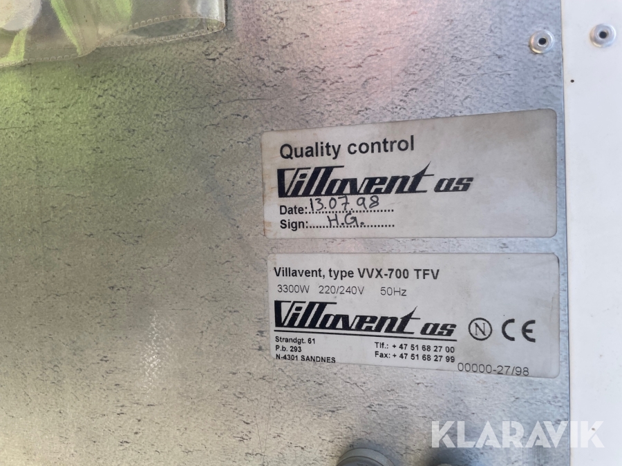 Ventilationsaggregat Villavent, Södertälje, Klaravik aukti