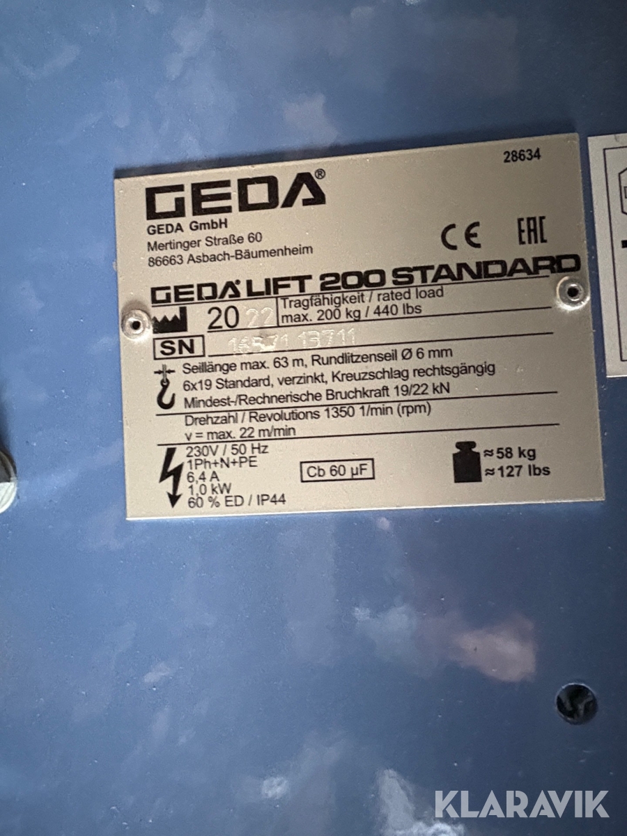 Taklyft Geda Lift 200 standard, Eda, Klaravik auktioner