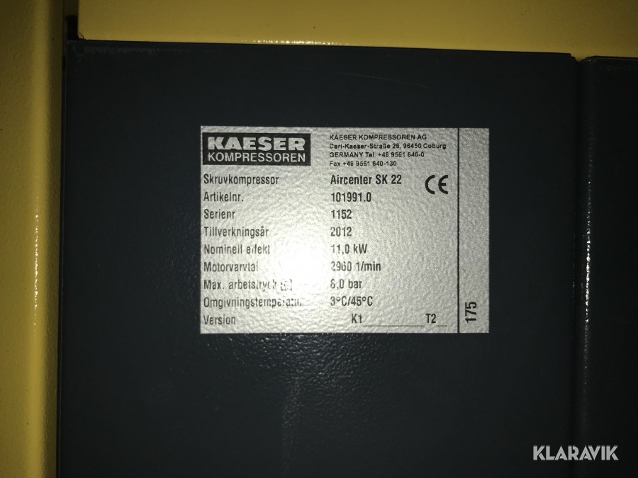 Kompressor Kaeser ABT25 SK22 och kyltork med tank