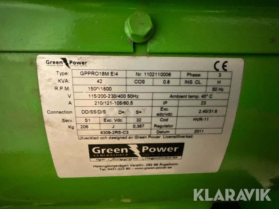 Elverk Green Power GP PRO 18M, Huddinge, Klaravik auktioner