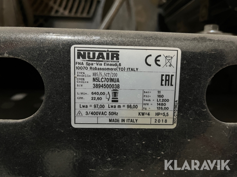 Kompressor Nuair NB5/5, Stockholm, Klaravik auktioner