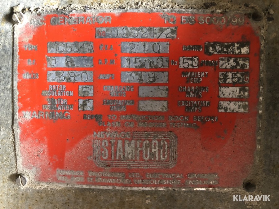 Klaravik Auktioner | Generator Stamford 210 KvA