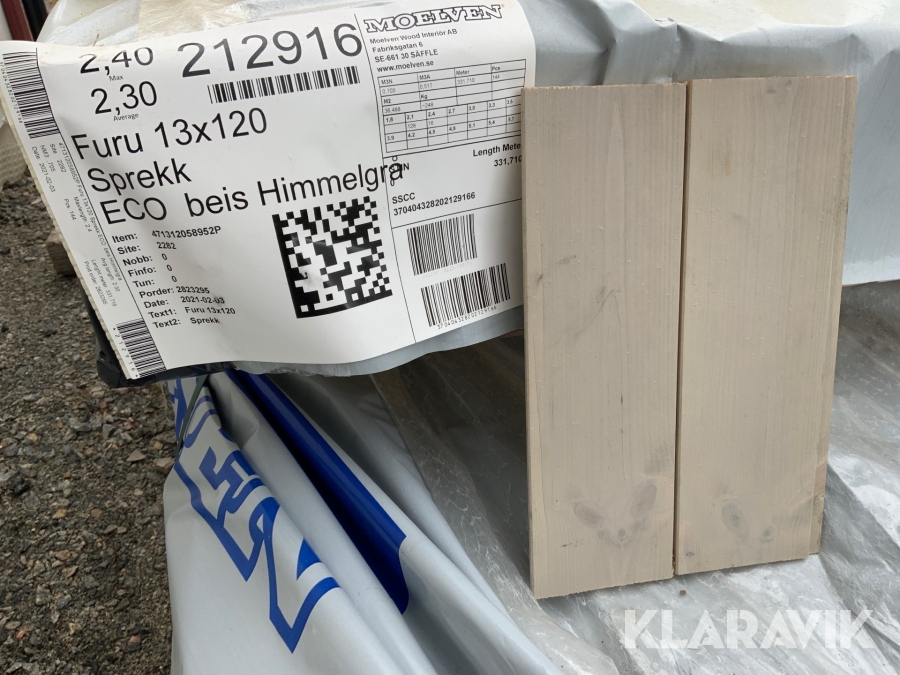 Klaravik Auktioner | Furupanel Moelven 207m2, 13x120 Himmelgrå, drivved