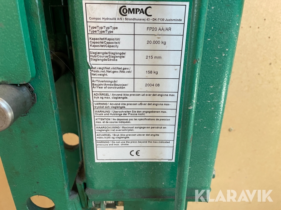 Klaravik Auktioner | Hydraulpress Compac FP20 AA/AR