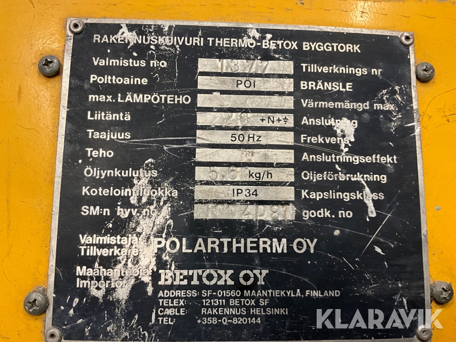 Dieselvärmare Thermo Betox, Umeå, Klaravik auktioner
