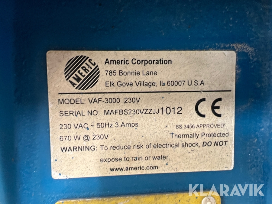 Ventilationsfläkt Americ VAF3000, Svalöv, Klaravik auktioner