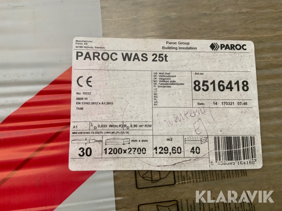 Isolering Paroc Was 25t, Vetlanda, Klaravik auktioner