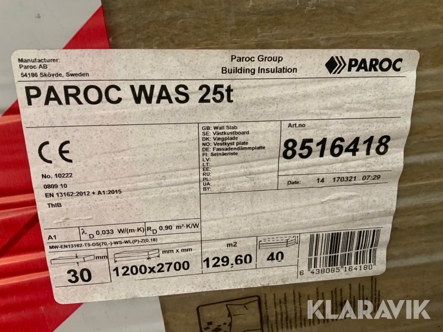 Isolering Paroc Was 25t, Vetlanda, Klaravik auktioner
