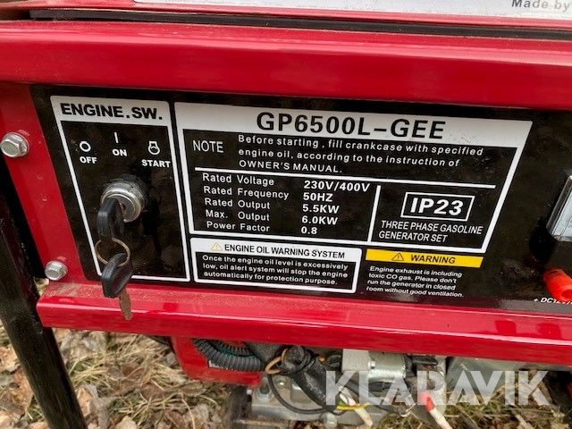 Generator 6kW Glendale GP6500-GEE, Tibro, Klaravik auktioner