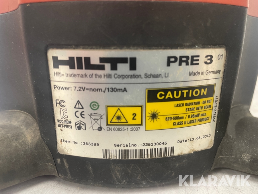 Planlaser Hilti PRE 3, Svalöv, Klaravik auktioner