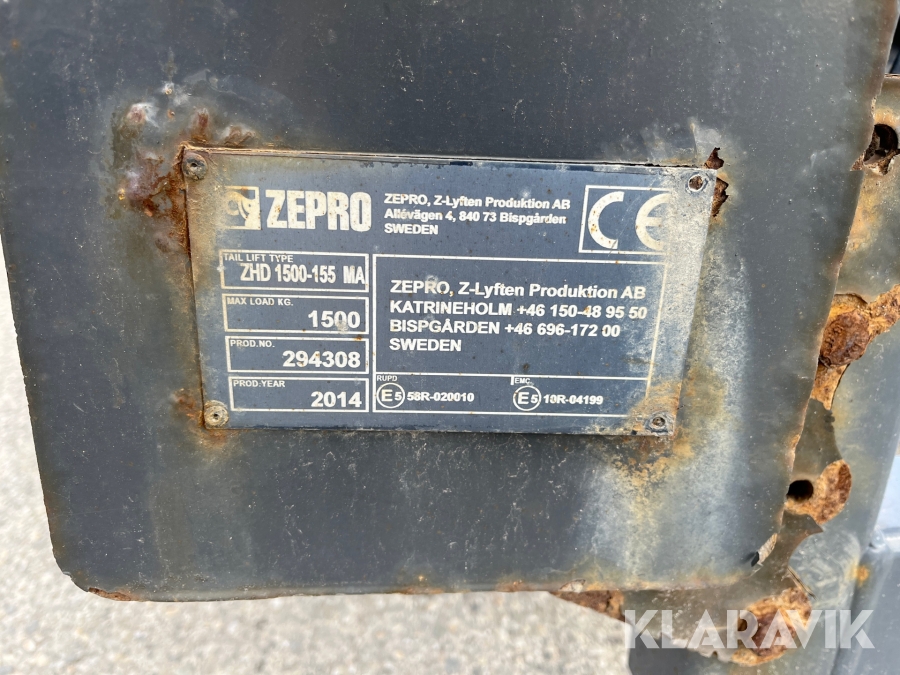 Bakgavellyft Zepro ZHD 1500-155 MA, Skurup, Klaravik auktion