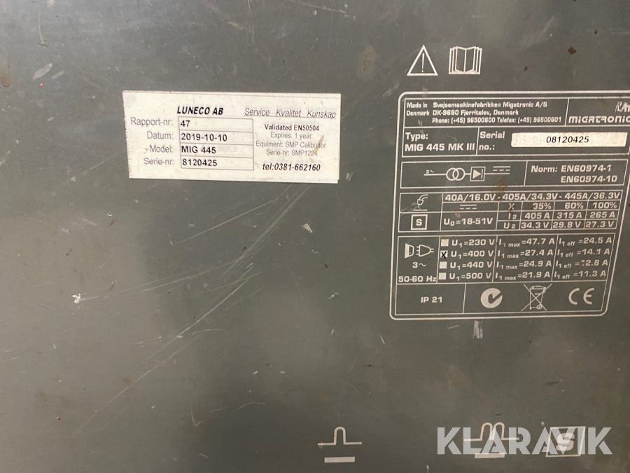 Migsvets vattenkyld Migatronic Mig 445, Tranås, Klaravik au