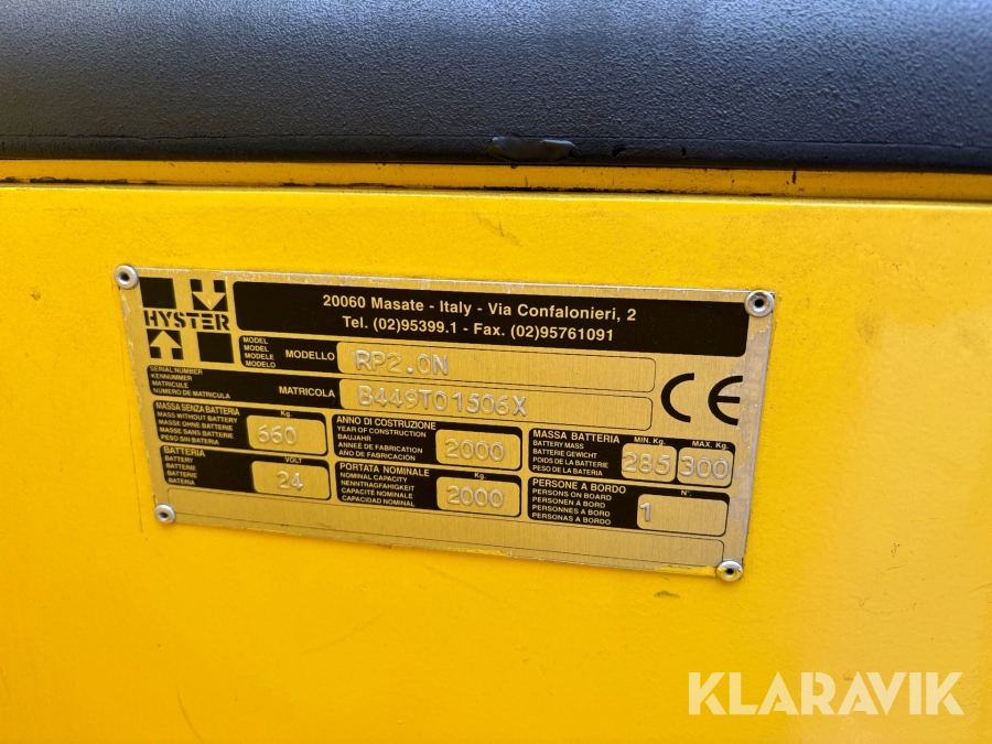Elgaffelvagn Hyster RP2.0N, Karlshamn, Klaravik auktioner