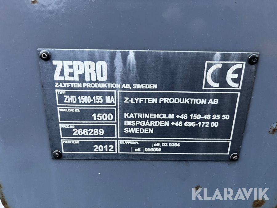 Bakgavellyft Zepro ZHD 1500-155 MA, Kungsör, Klaravik auktio