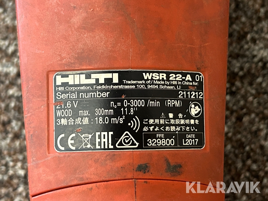 Tigersåg Hilti WSR 22-A, Karlstad, Klaravik auktioner