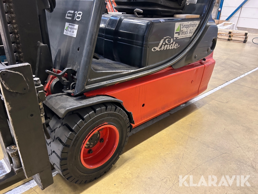 Motviktstruck Linde E18C-02, Gislaved, Klaravik auktioner