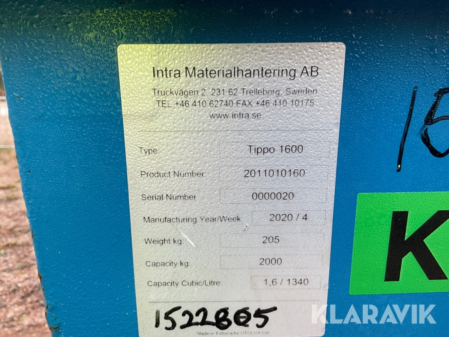 Intra Tippo 1600 L, Jönköping, Klaravik auktioner