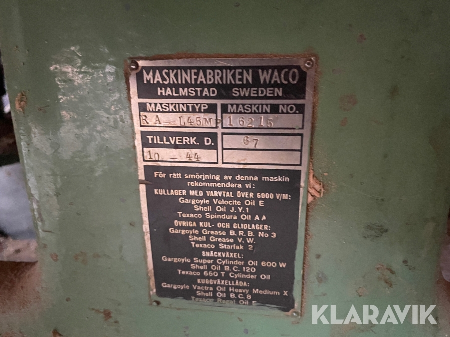 Klaravik Auktioner | Rikthyvel Maskinfabriken waco L45M