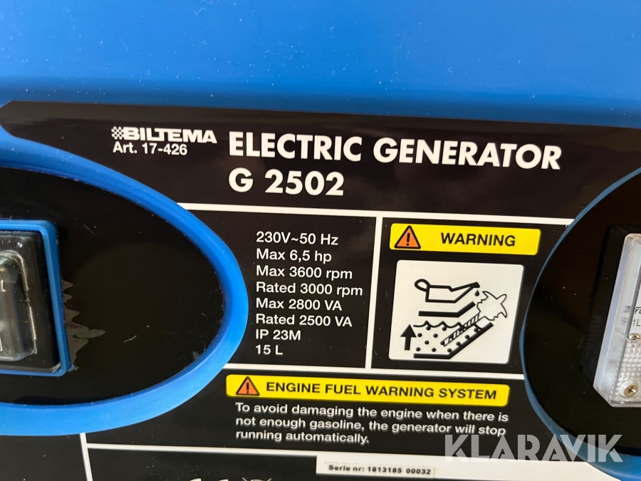 Elverk Biltema G2502, Järfälla, Klaravik auktioner