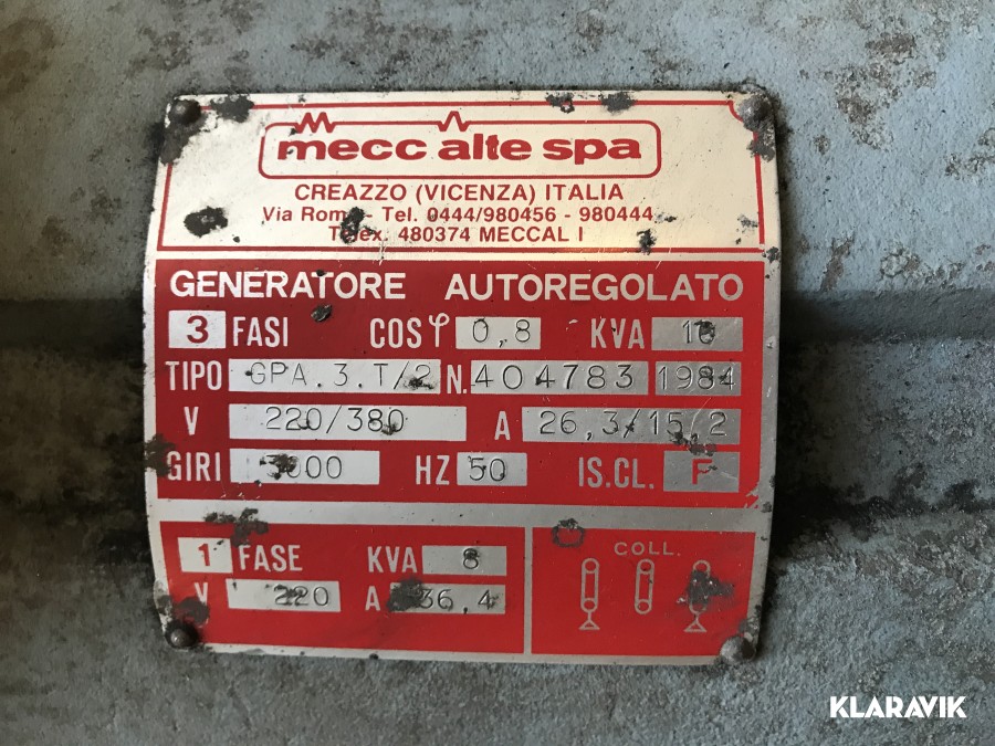 Klaravik Auktioner | Generator Mecc Alte Spa GPA.3.T/2