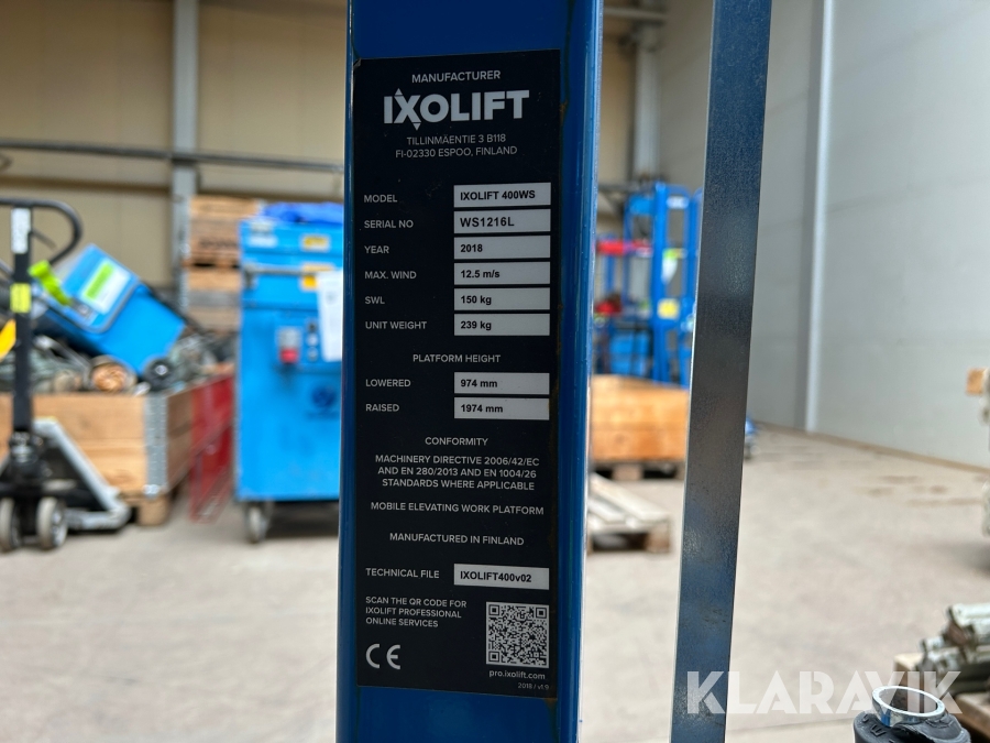 Pelarlift Ixolift 400 WS, Göteborg, Klaravik auktioner